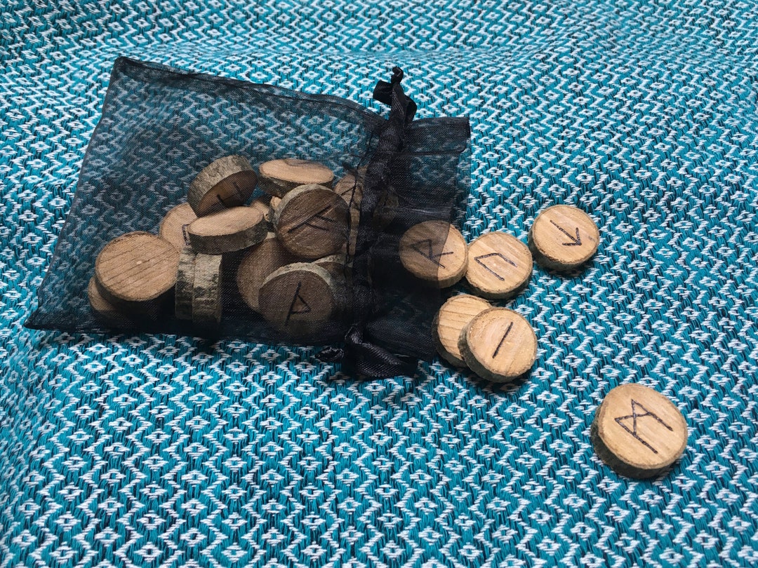 Rune Set on Local Ash / Hazel Wood, in Bag, Pyrography, Norse Elder ...
