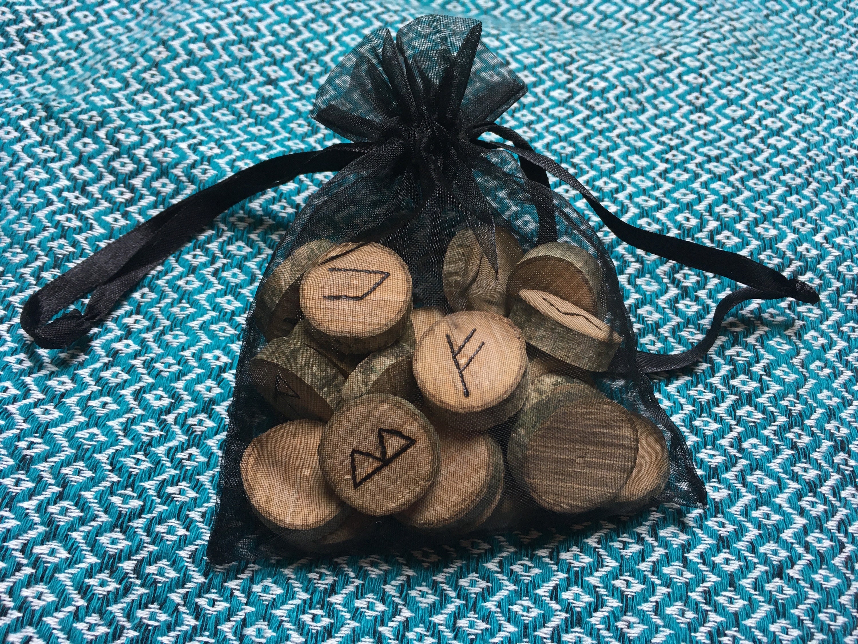Rune Set on Local Ash / Hazel Wood, in Bag, Pyrography, Norse Elder ...