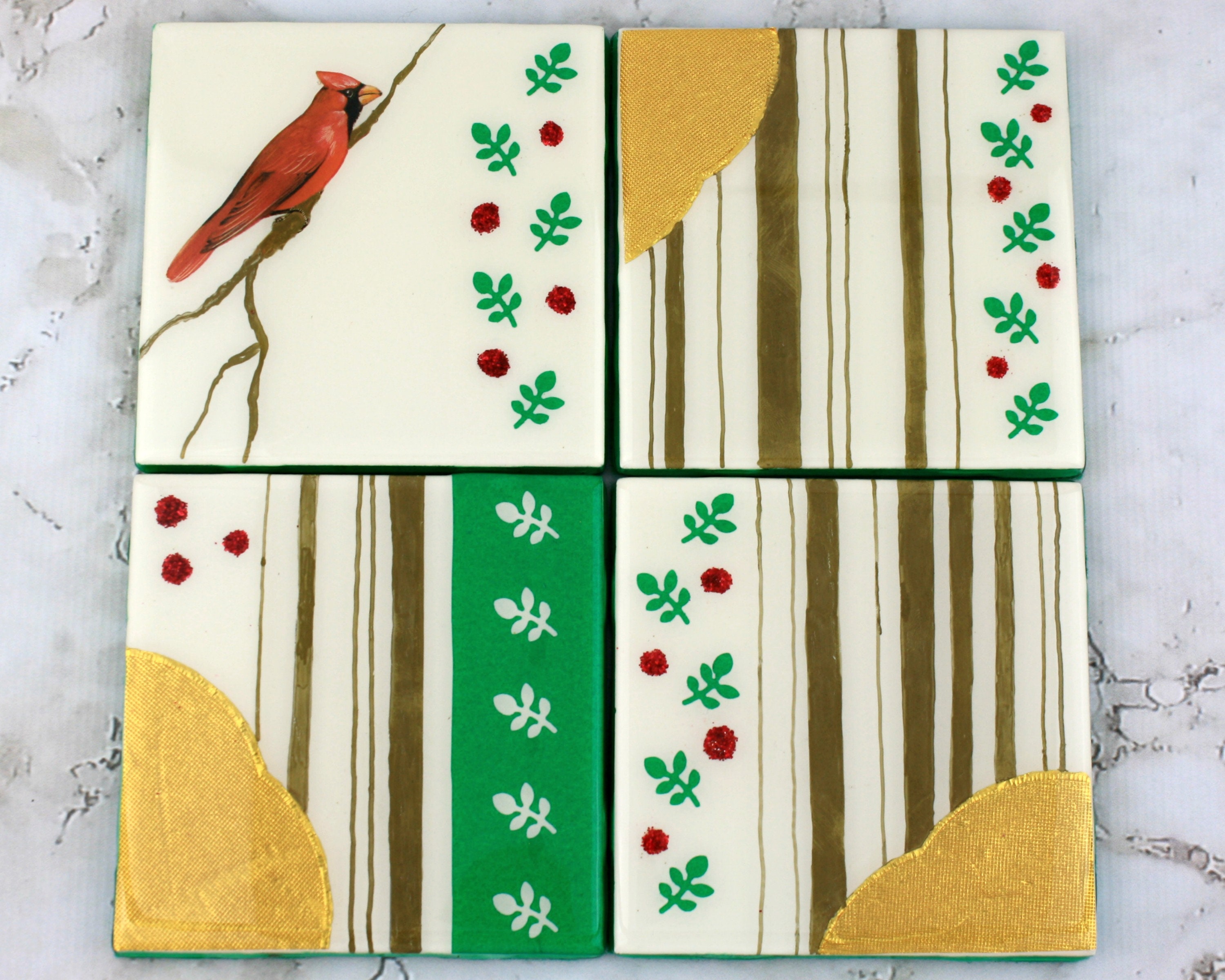 Holiday Theme Tile Coasters Gift Set of 4. Cardinal Winter Bird Home ...