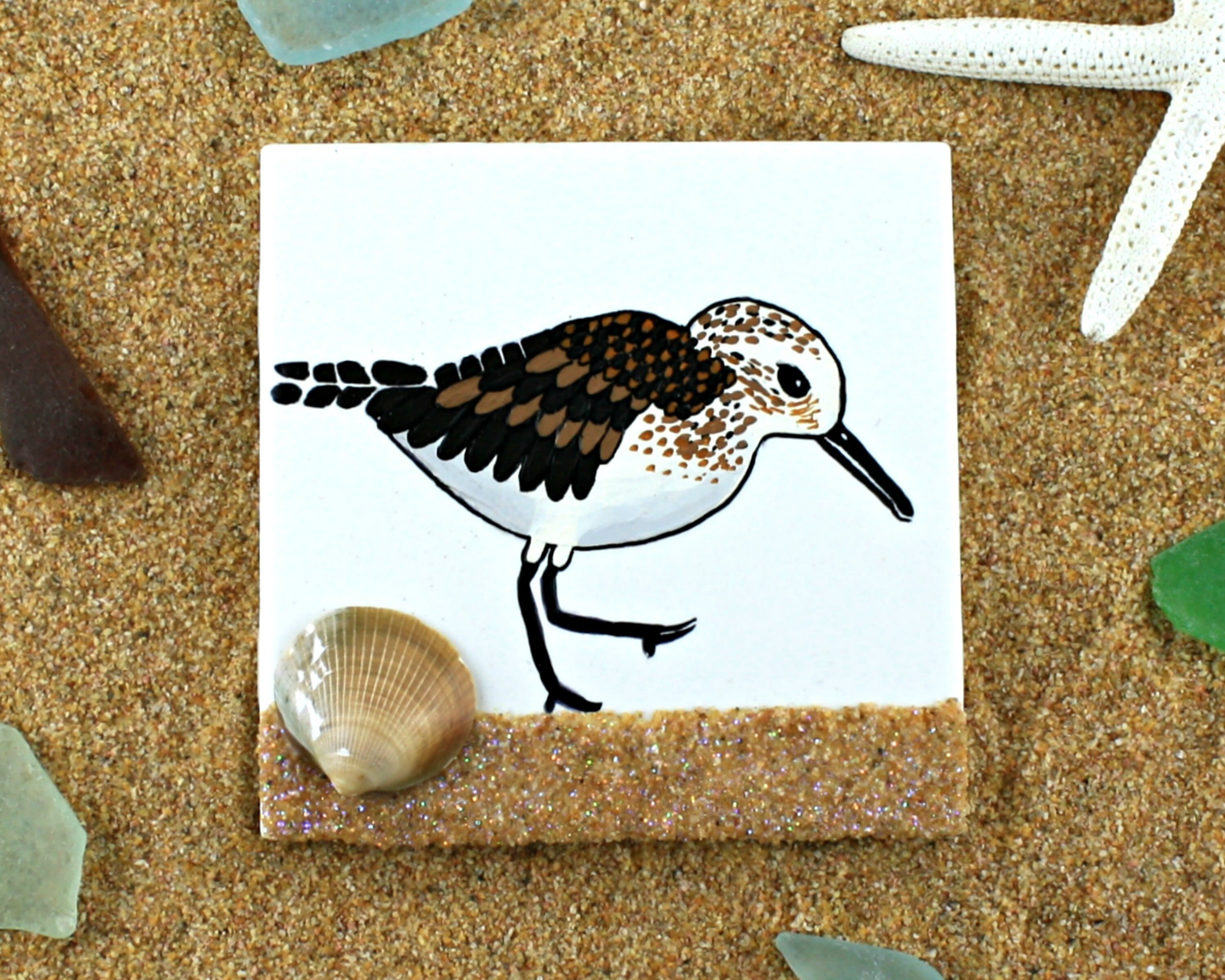 Sandpiper Coastal Bird Tile Art. Handmade Beachy Decor Painting for ...