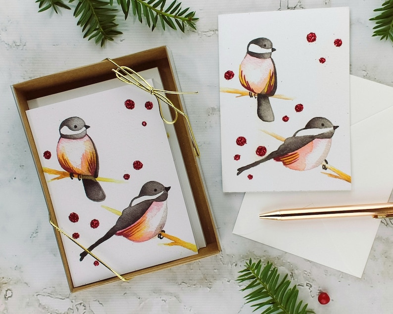 Chickadee Christmas Cards With Sparkles. Set of 8 Blank Holiday Cards ...