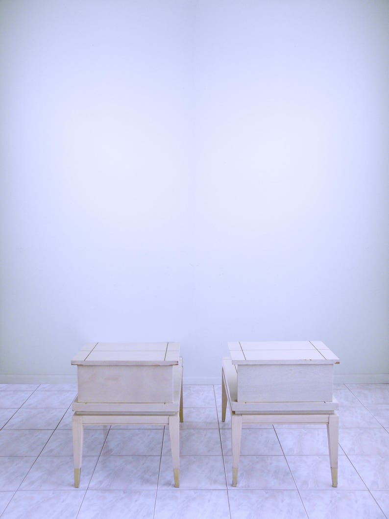 2 Mid Century Modern LANE Step Tables Hollywood Regency BRASS INLAY End ...