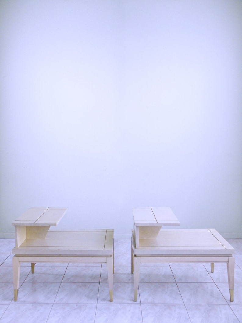 2 Mid Century Modern LANE Step Tables Hollywood Regency BRASS INLAY End ...