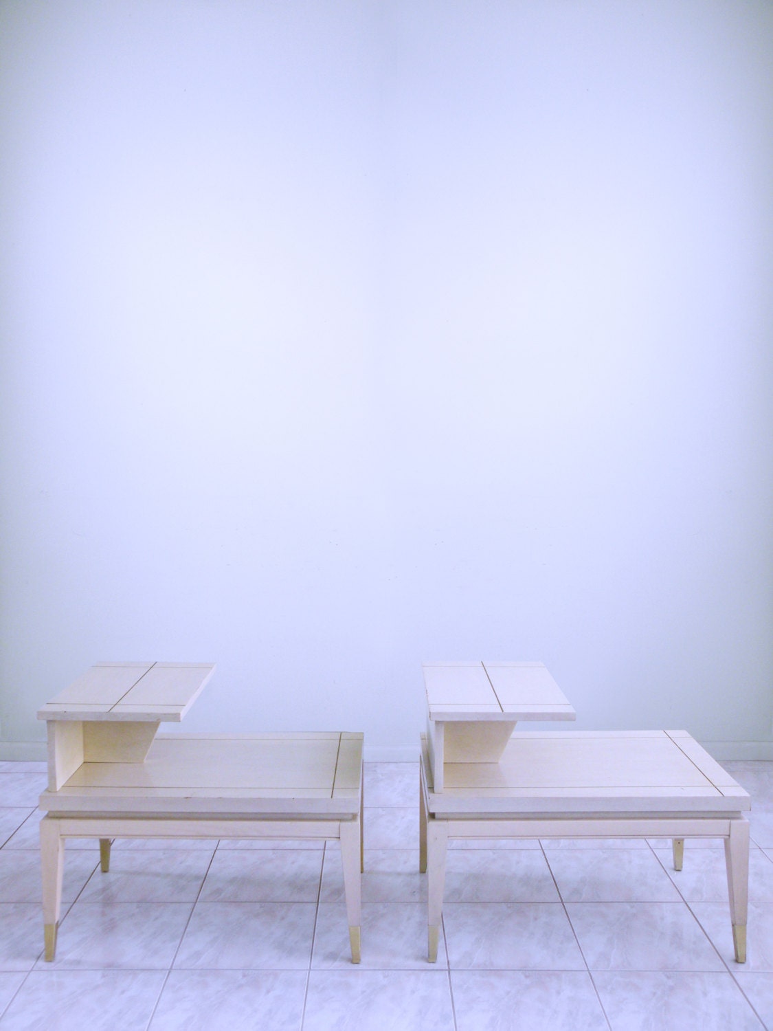 2 Mid Century Modern LANE Step Tables Hollywood Regency BRASS INLAY End ...