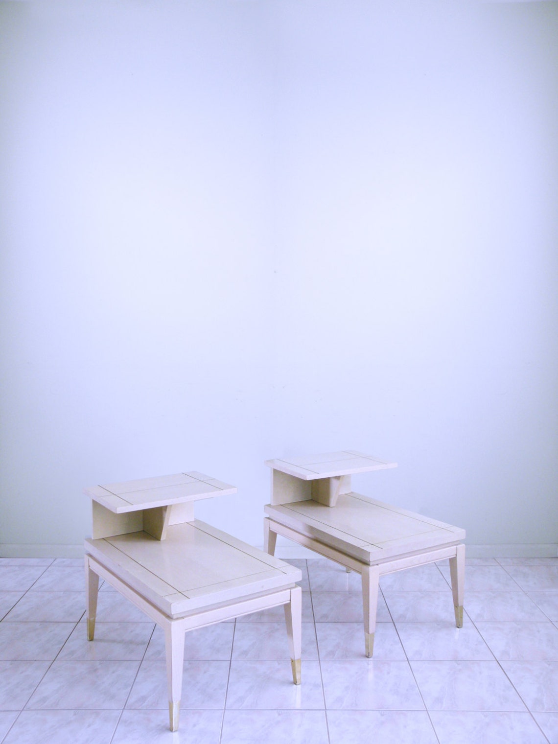 2 Mid Century Modern LANE Step Tables Hollywood Regency BRASS INLAY End ...