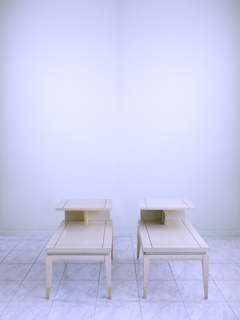 2 Mid Century Modern LANE Step Tables Hollywood Regency BRASS INLAY End ...