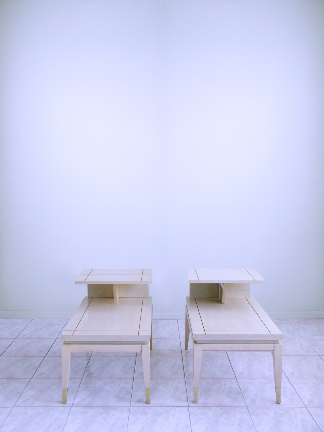 2 Mid Century Modern LANE Step Tables Hollywood Regency BRASS INLAY End ...