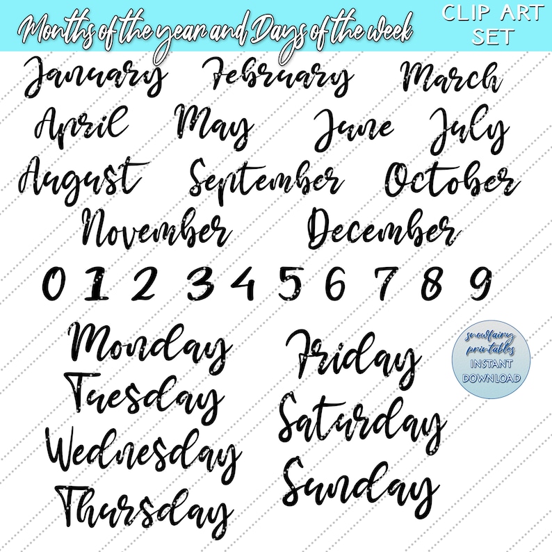 Months of the Year Clip Art Set, Days of the Week, Calendar, Digital ...