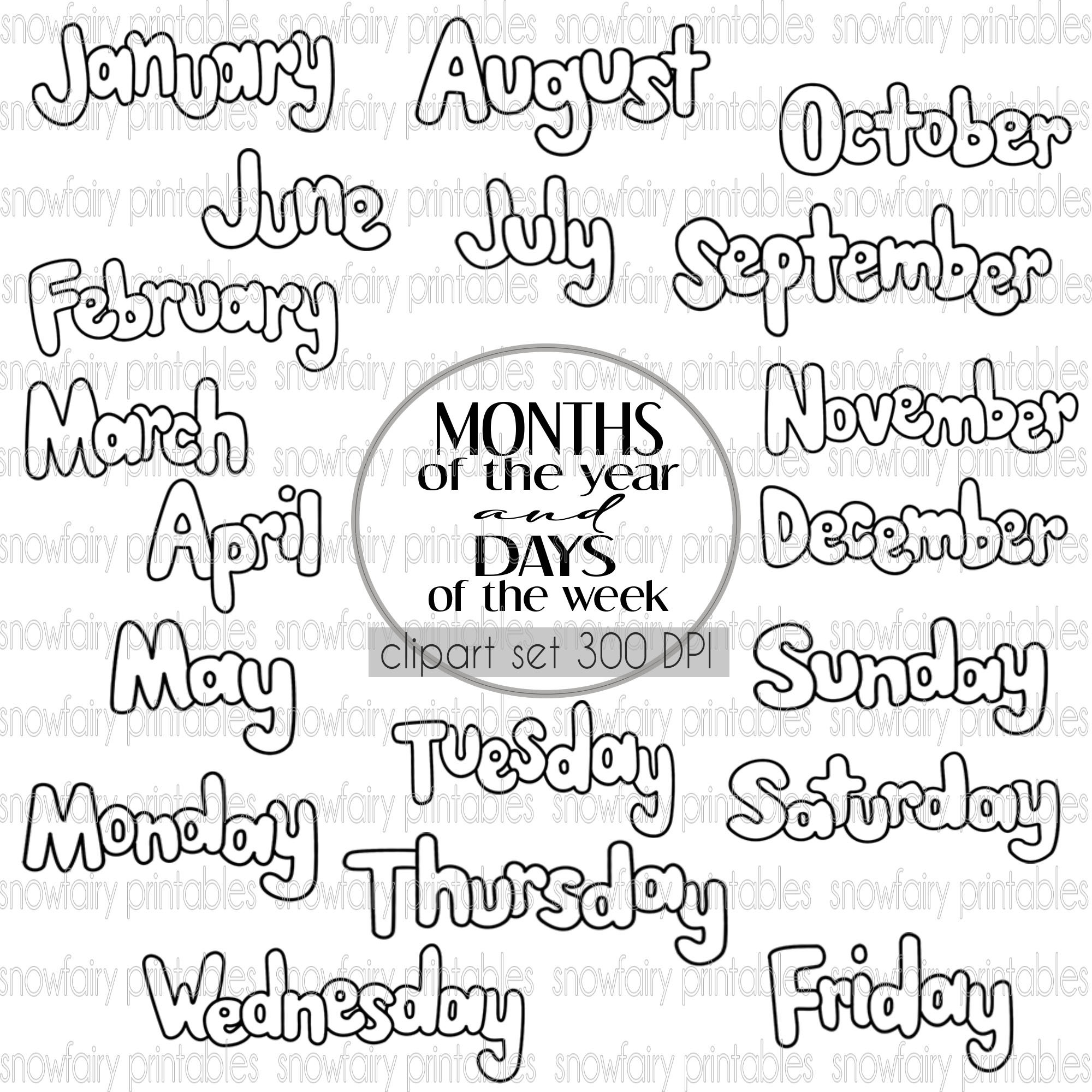 Months of the Year Clip Art Set With Days of the Week Word Clip Art ...