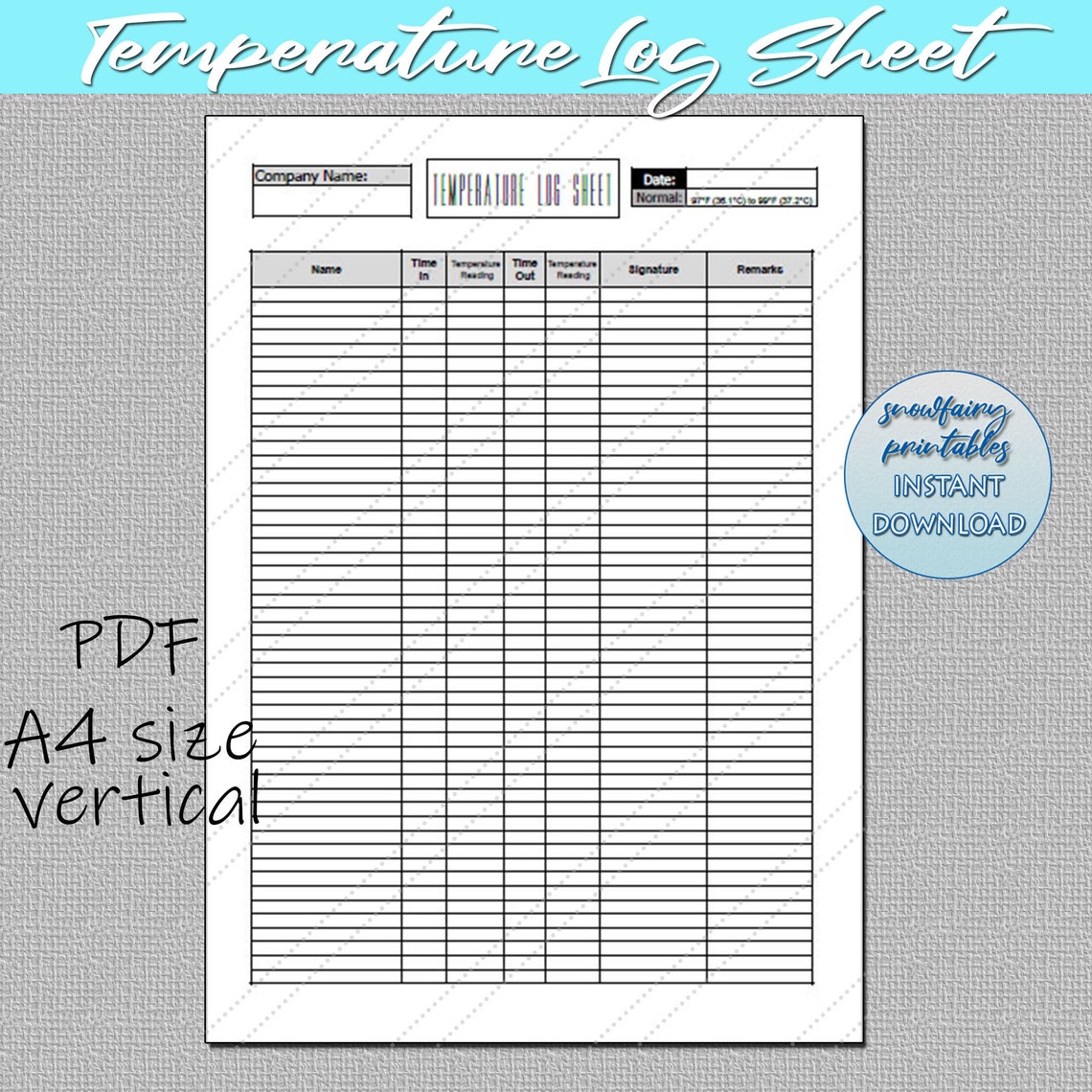 Temperature Log Sheet Sign In/out Health Recording Screening ...