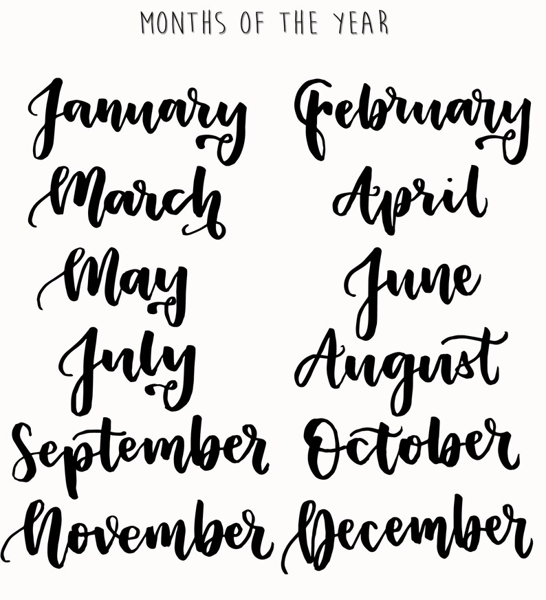 Months of the Year Clip Art Set, Word Art Clip Art, Brush Lettering ...