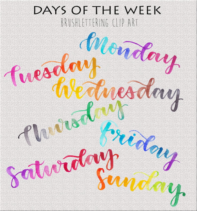 Buy Days of the Week Clip Art Set, Word Art Clip Art, Brush Lettering ...