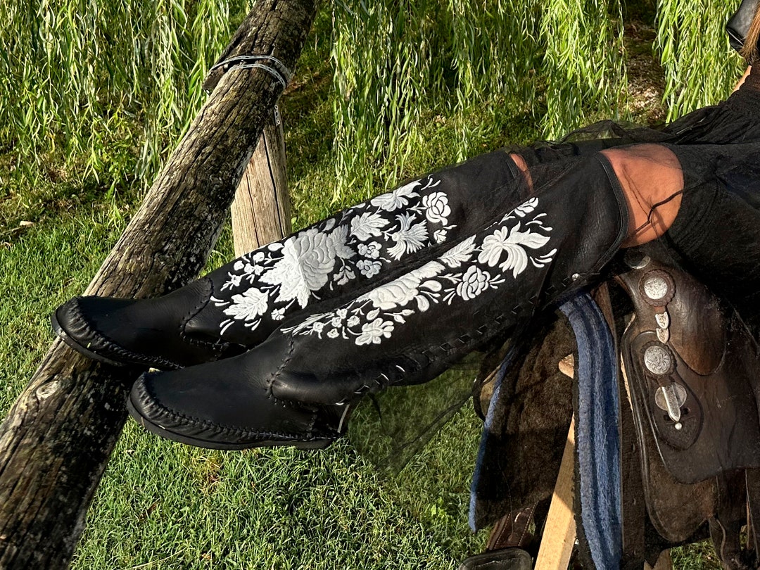 LARRY- Black Leather Boots - Barefoot Boots - Embroidered Boots ...