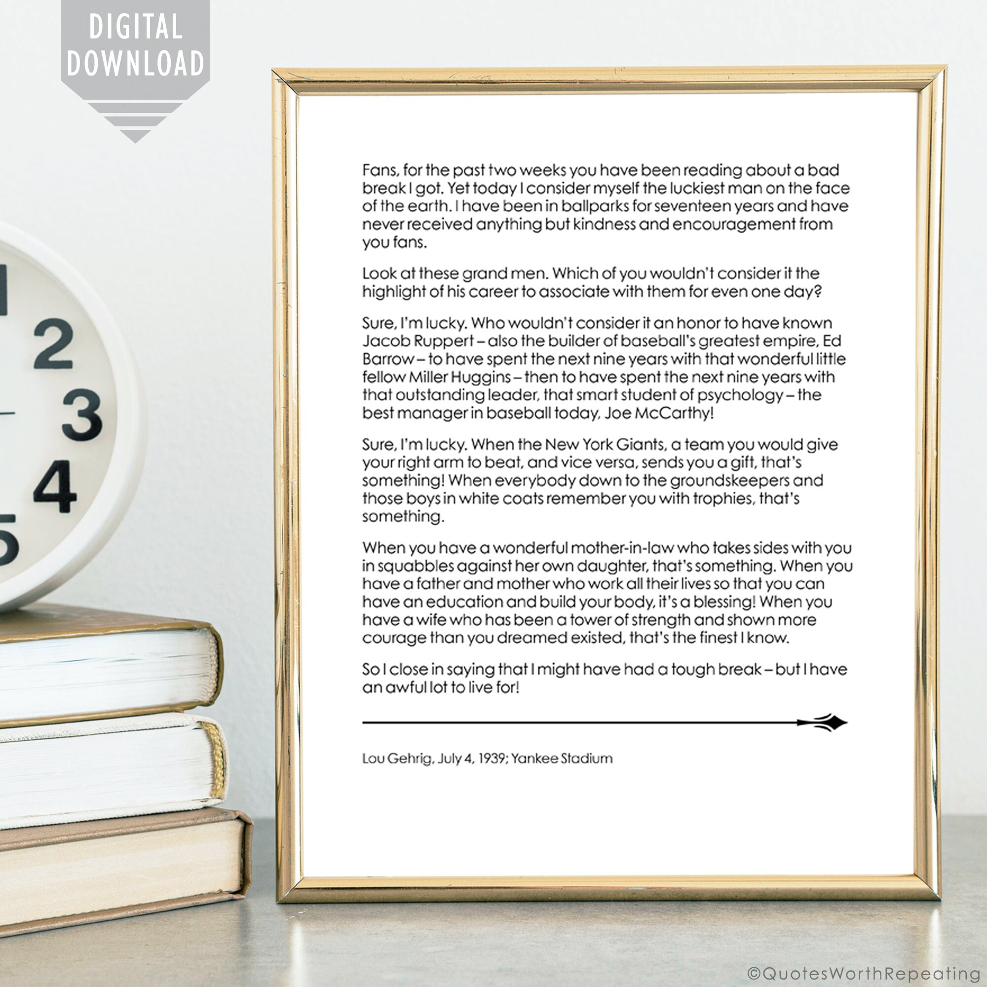Lou Gehrig Printable Quote, Luckiest Man Speech, New York Yankees ...