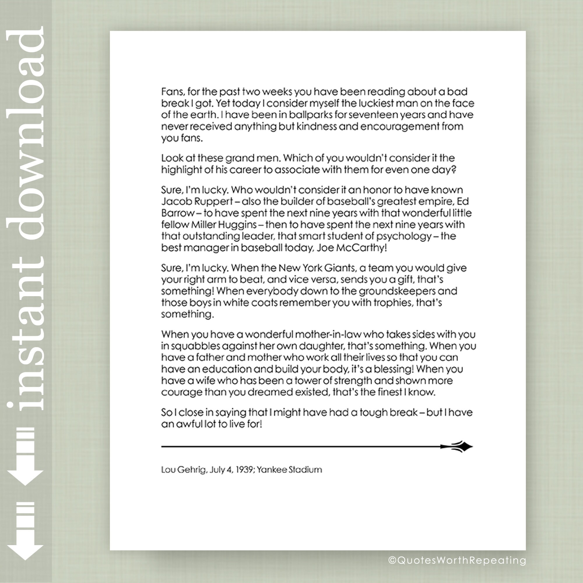 Lou Gehrig Printable Quote, Luckiest Man Speech, New York Yankees ...