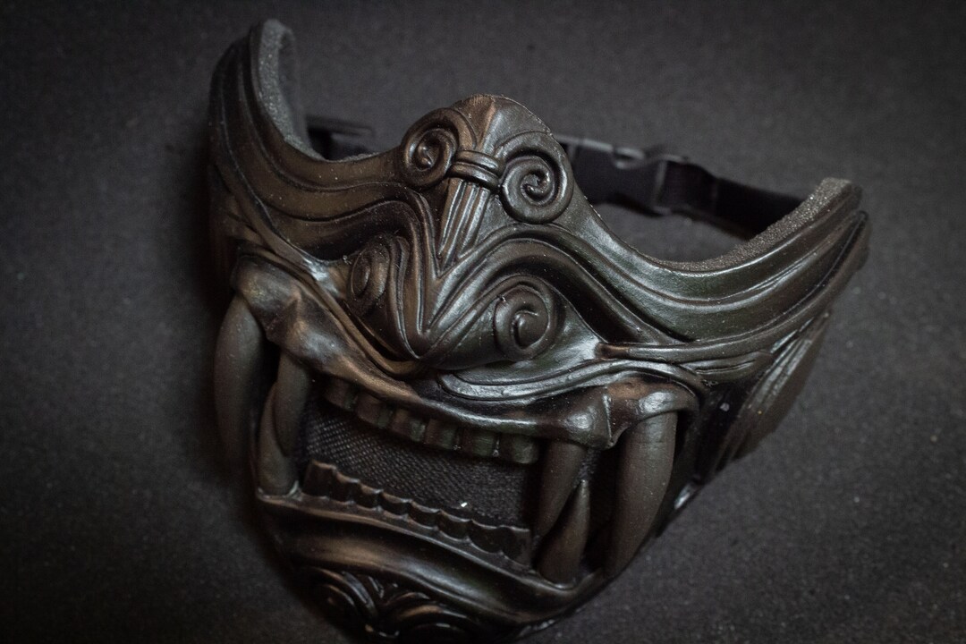 Half Face Samurai Mask Oni Mempo Armor Japanese Deep Black Demon - Etsy