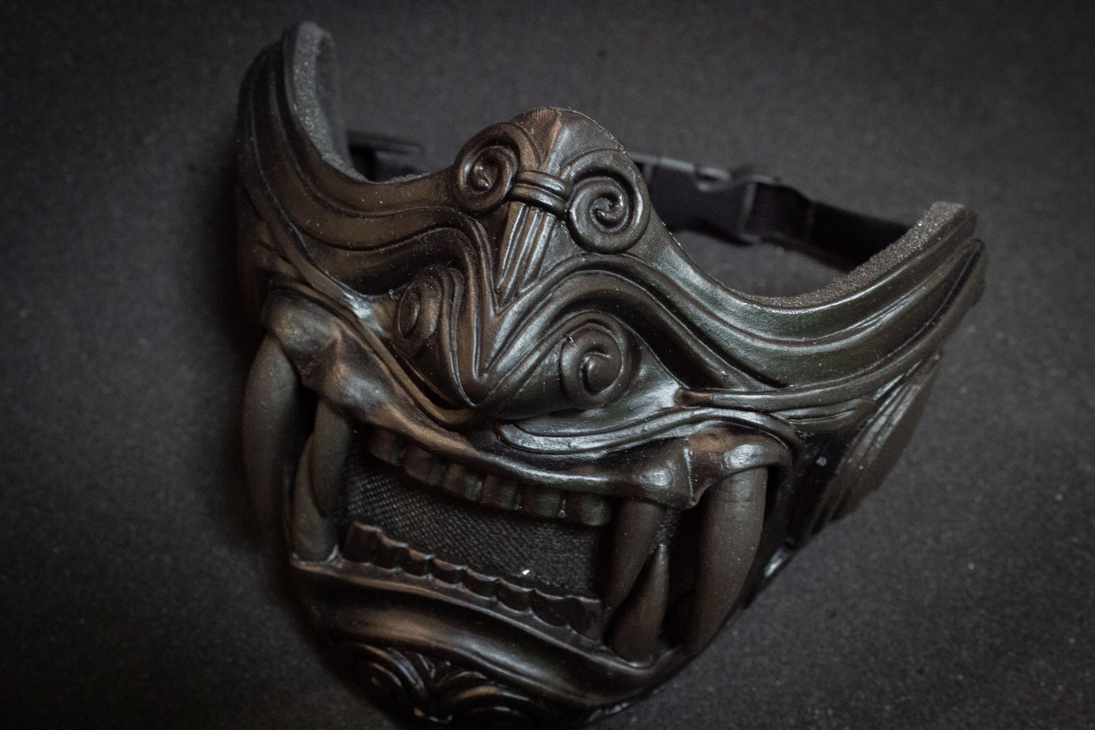 All Black Samurai Oni Mask - Menpo Lower Face Mask, Matte Black Demon ...