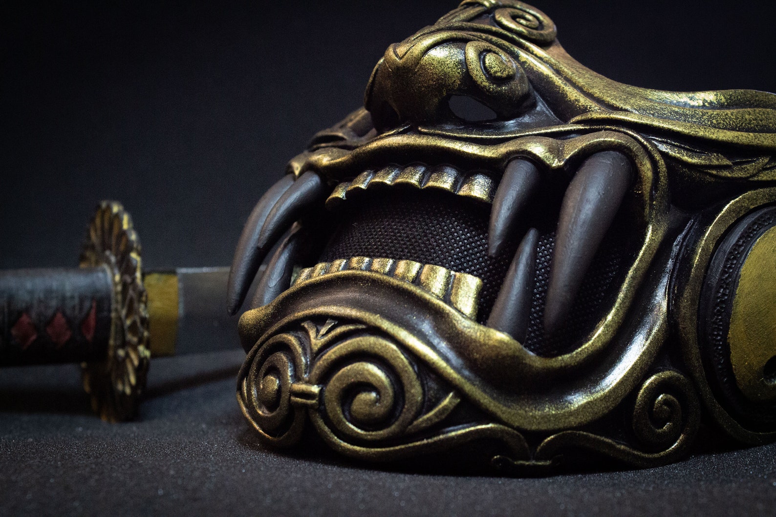 Half Face Samurai Mask Oni Mempo Armor Japanese Gold Demon - Etsy