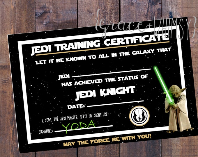 Jedi Training Certificate for Star Wars Party digital / Printable File ...