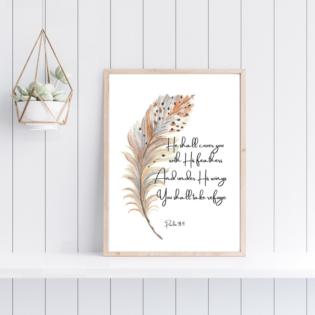 Bible Verse Wall Art, Scripture Art, Psalm 91:4, Feathers, Digital ...