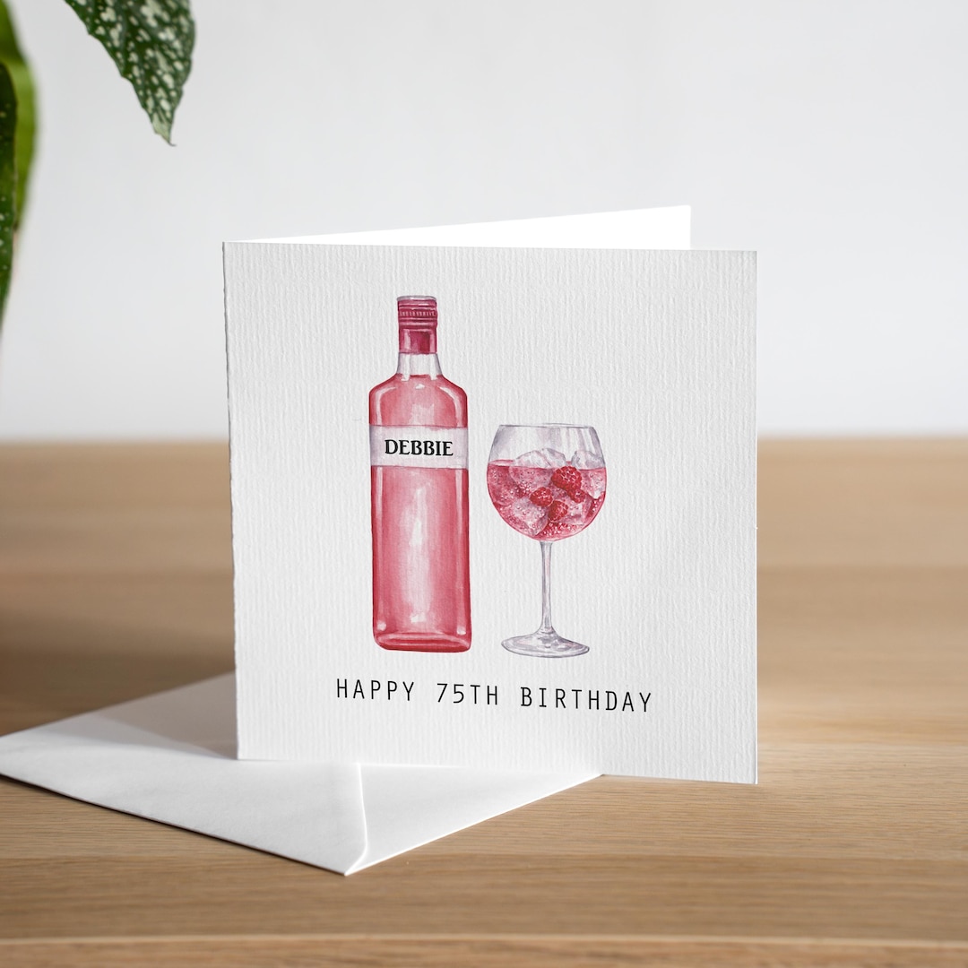 Personalised 75th Pink Gin Birthday Card for Her - Age 75 Birthday Card ...