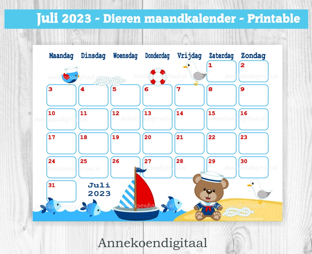 July 2023 Monthly Calendar Printable Dutch Calendar in Bears - Etsy