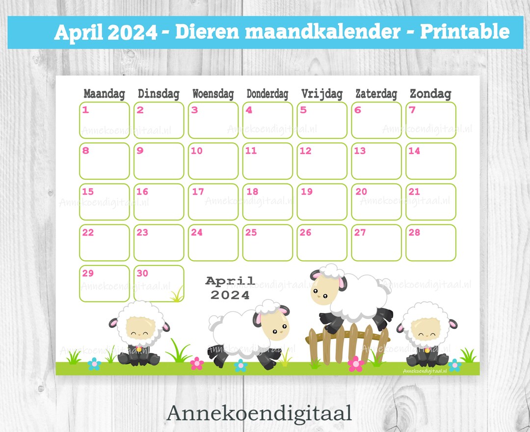 April 2024 Monthly Calendar Printable, Dutch Calendar in Sheep Theme ...