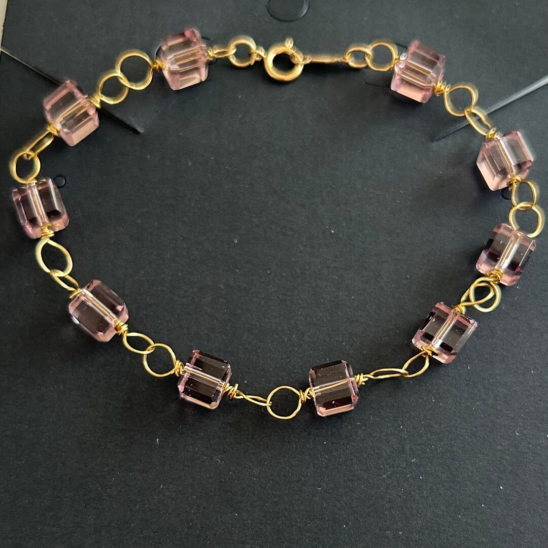 Amethyst Purple Color Crystal Cube Gold Wire Bracelet - Etsy