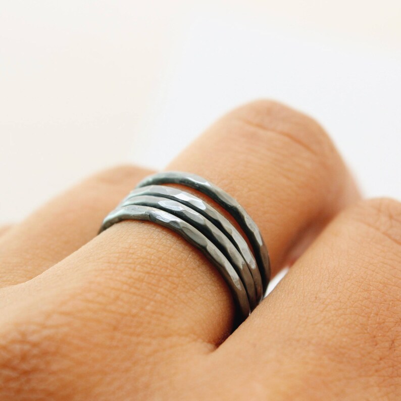 Oxidised Silver Stacking Rings, Slim Stacking Rings, Sterling Silver, Hammered Rings, Thin ...