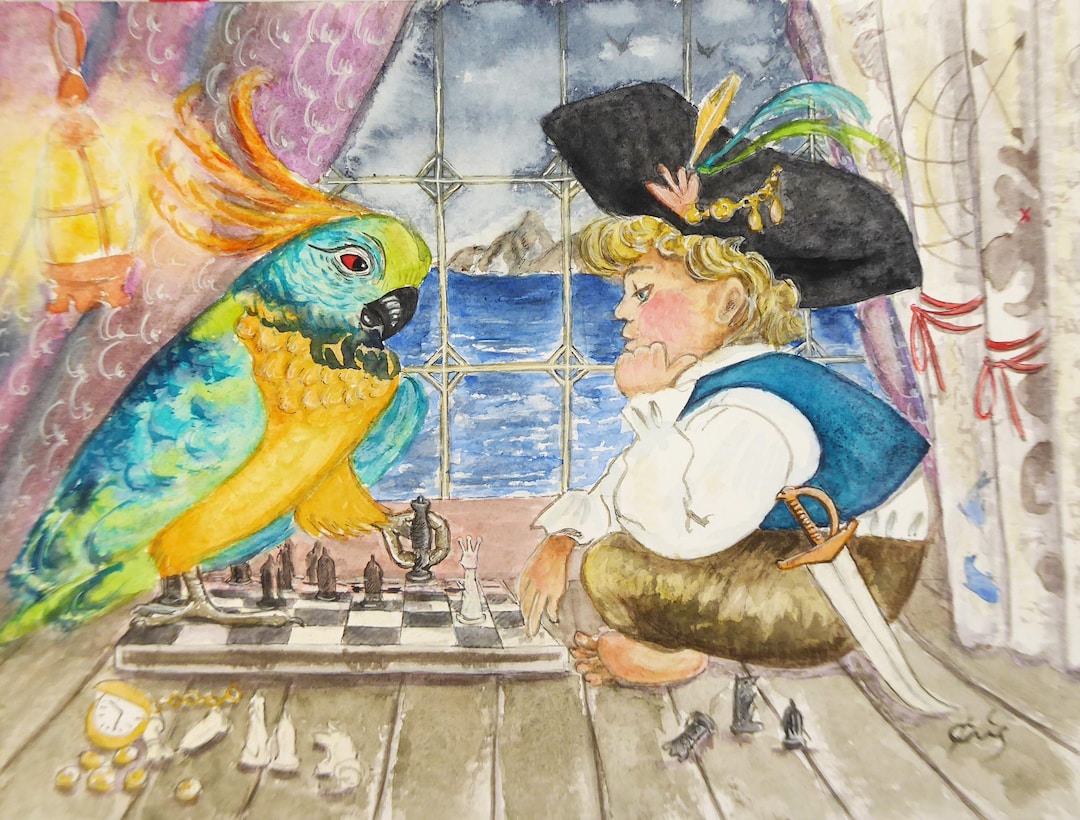 Original Hand Painted Watercolor Little Pirate Beaten at Chess by His ...