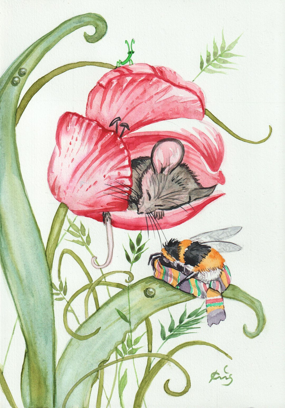 Original Hand Painted Watercolor Sleeping Mouse and Bumblebee - Etsy