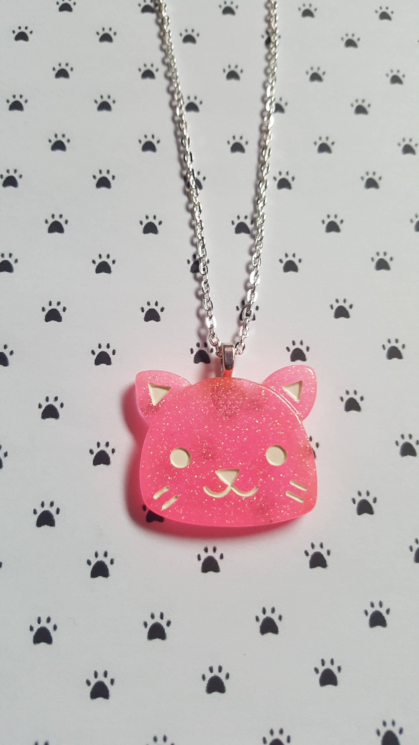 Glitter Cat Necklace | Resin Pendant Necklace | Silver Plated Chain ...