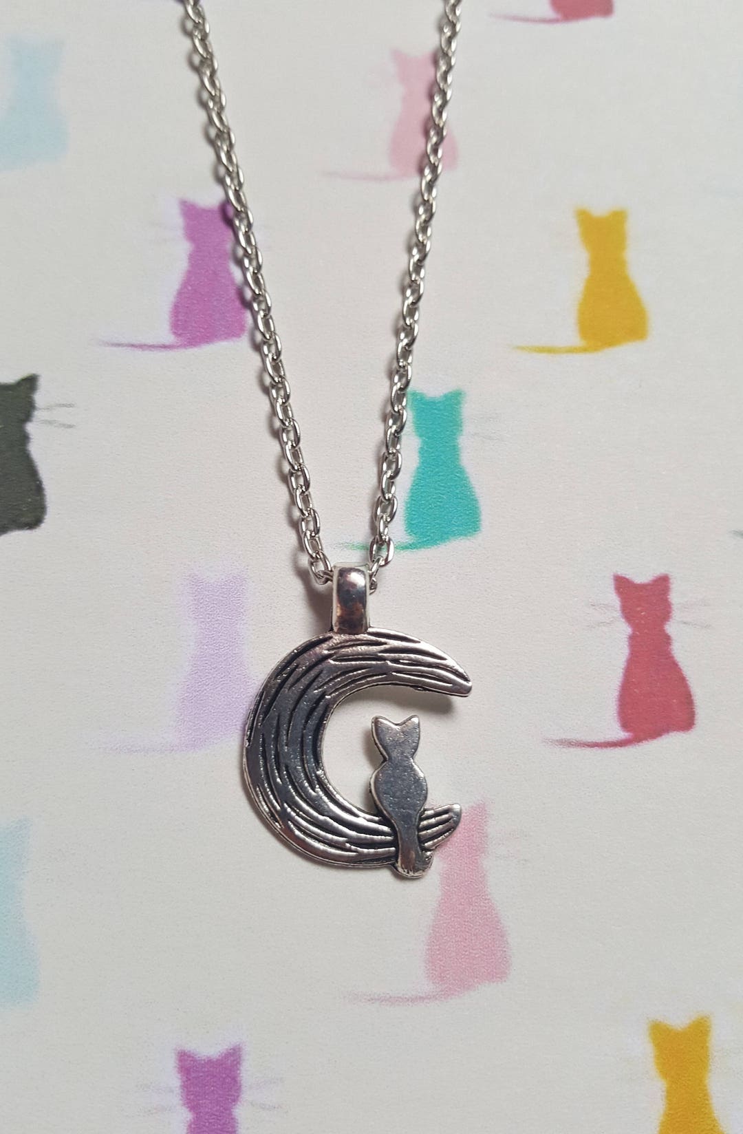 Cat on Moon Necklace, Cat Pendant, Cat Necklace, Pendant Necklace, Cat ...