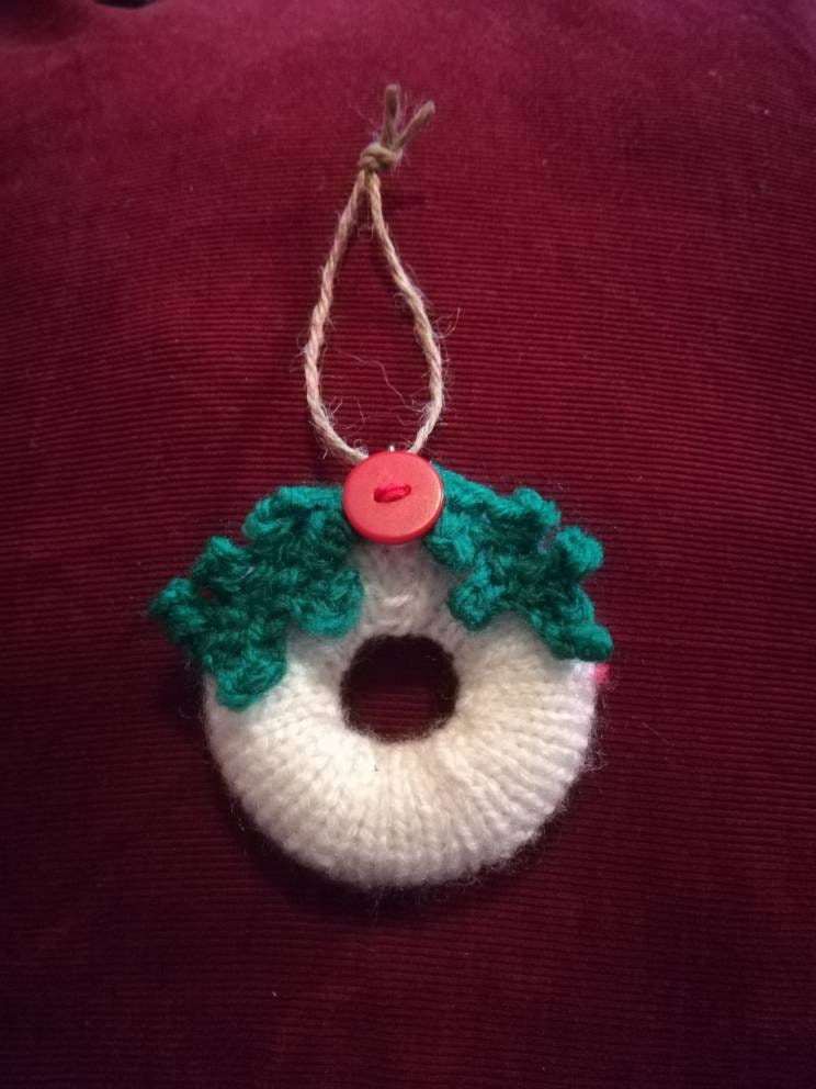 Handmade Knitted Mini Holly Wreath Christmas Tree Decoration - Etsy UK
