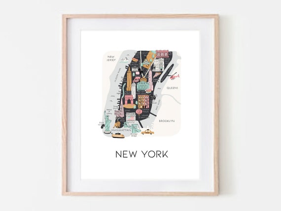New York City Illustrated Map Art Print / New York City Map - Etsy