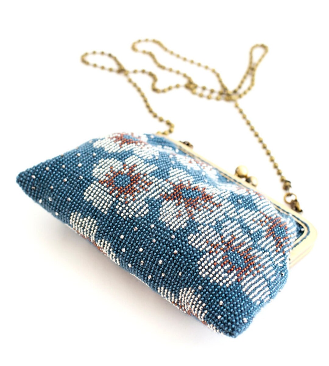 Blue Hand Knitted Purse in Blue White and Brown Glass Czech - Etsy