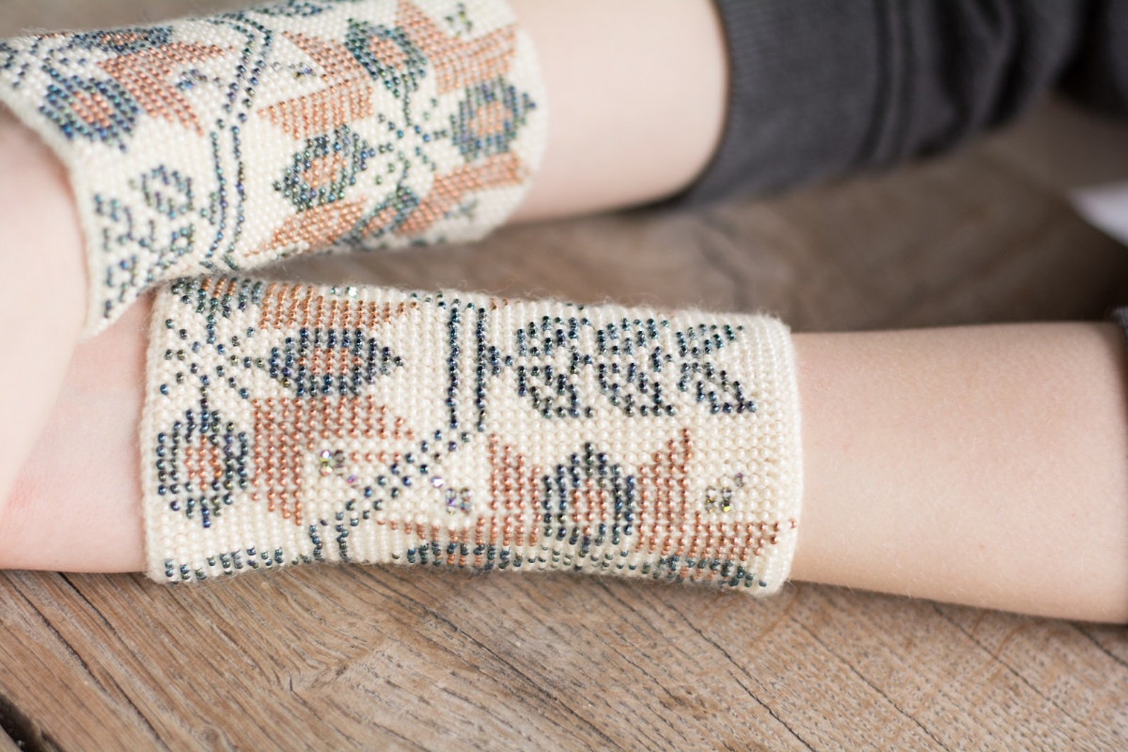 White Color Beaded Wrist Warmers / Arm Warmers / Women Accessories ...