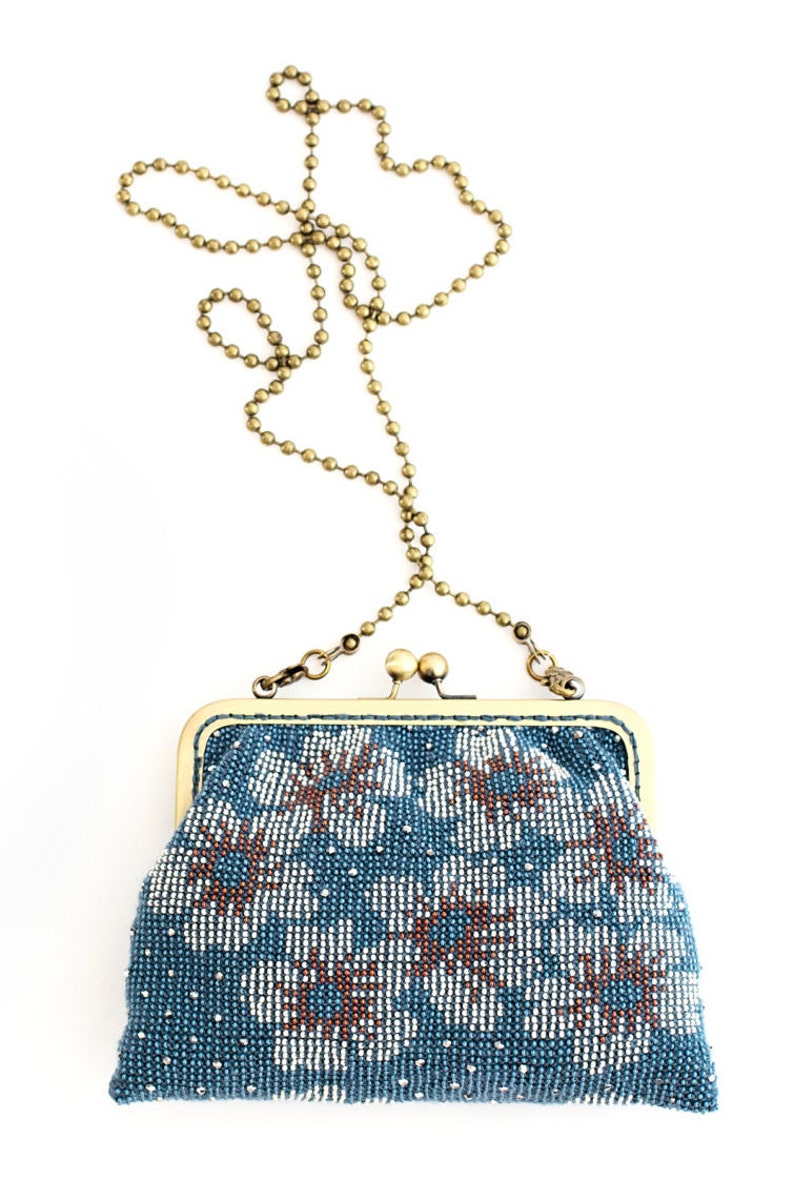 Blue Hand Knitted Purse in Blue White and Brown Glass Czech - Etsy