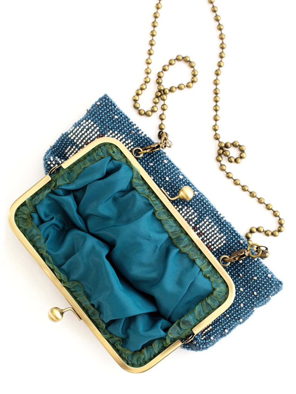 Blue Hand Knitted Purse in Blue, White and Brown Glass Czech Beads ...