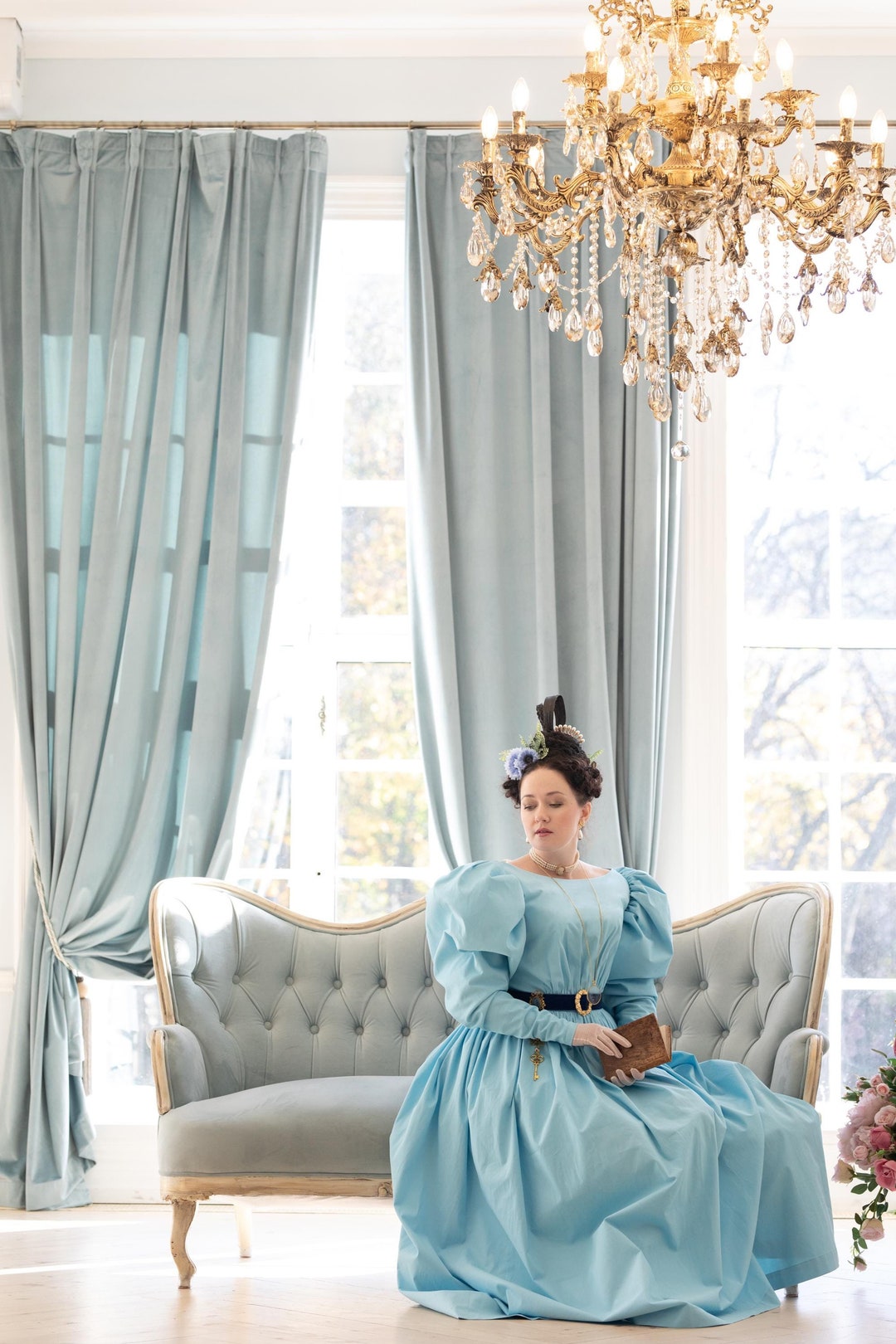 1830s Blue Romantic Era Walking Dress. Biedermeier Cotton Walking Dress ...