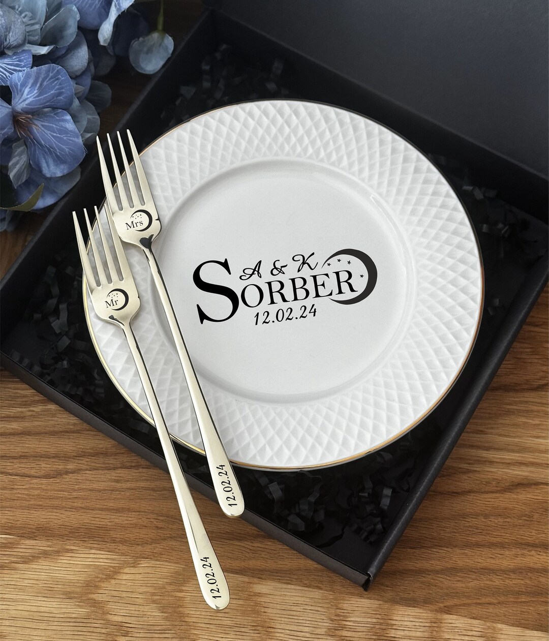 Personalized Wedding Plate With Engraved Cake Forks Champagne ...