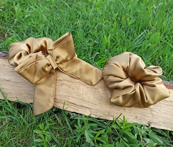 Set of 2 Gold natural 100% silk scrunchies large hair | Etsy