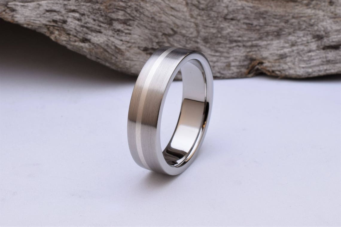 Handmade Titanium Wedding Ring With Sterling Silver Inlay, Brushed ...