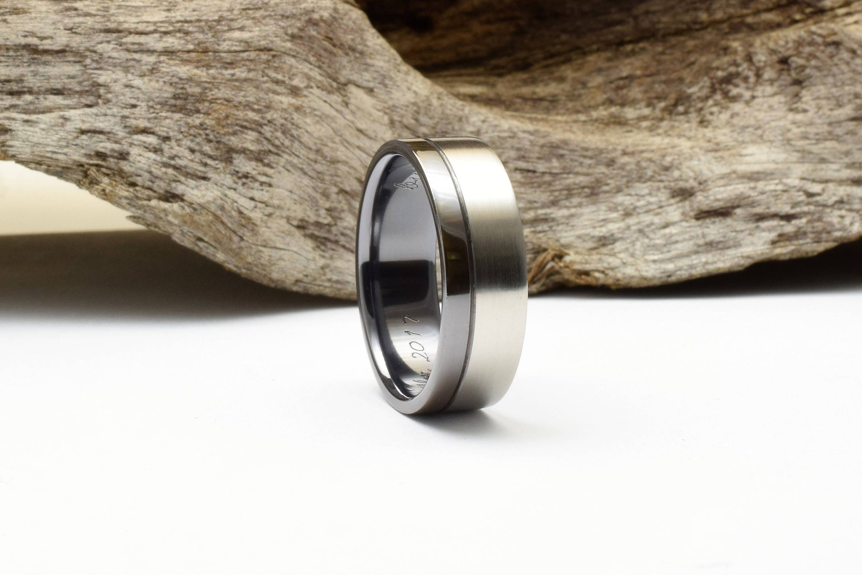 Mens wedding band a two color titanium ring with a brushed | Etsy
