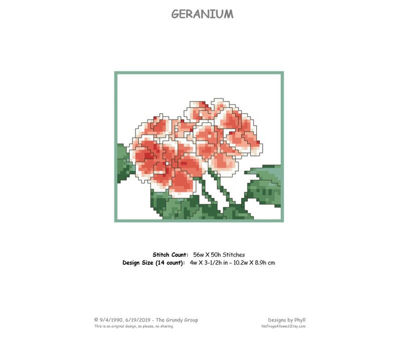 GERANIUM Counted Cross Stitch Pattern / Chart - Coral Flower Embroidery ...