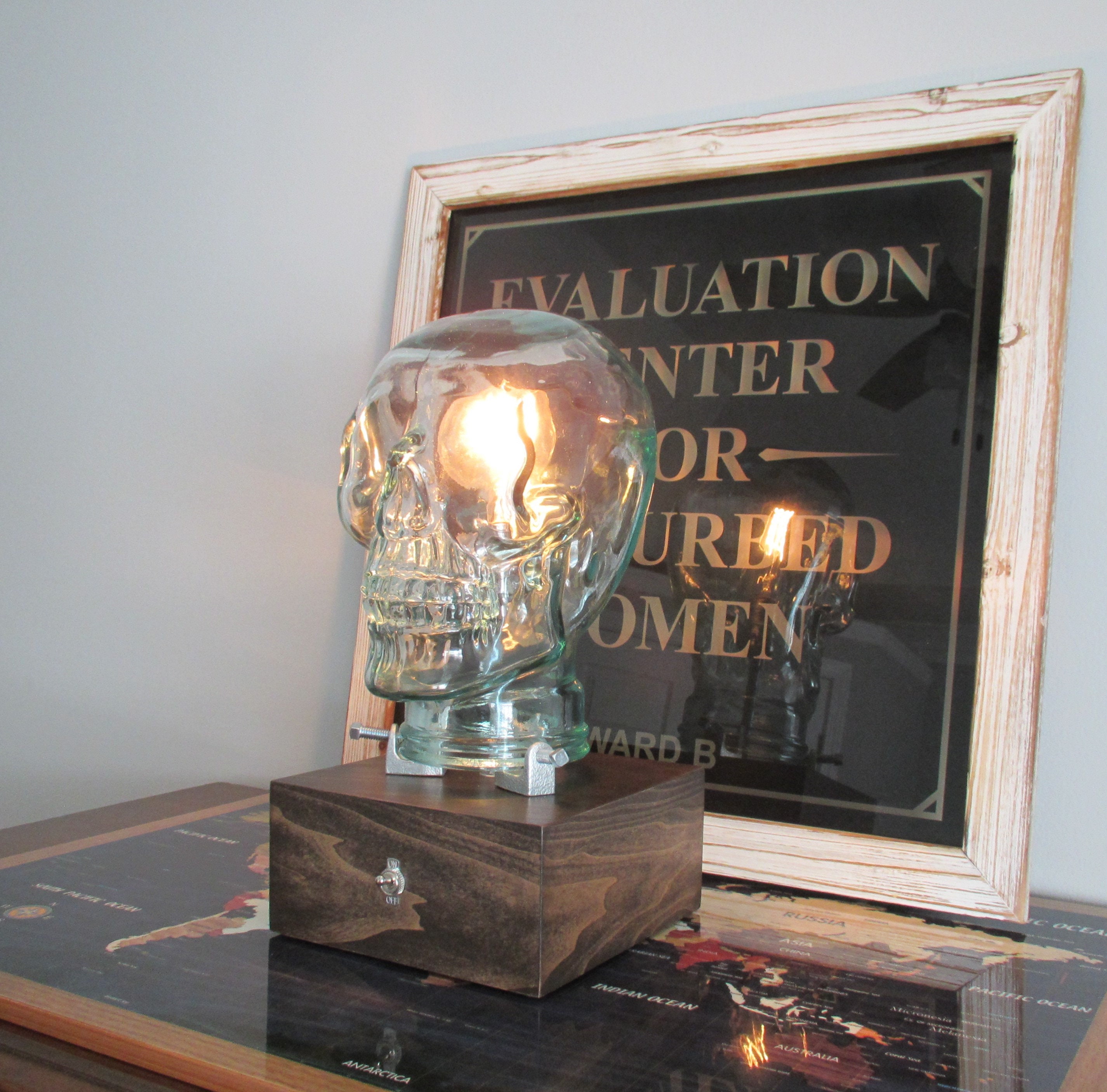 Recycled Glass Skull Lamp Frankenstein Edison Bulb Rocker Metalhead Mod ...
