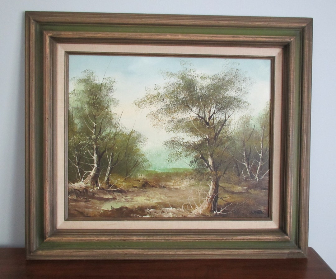 Vintage Original Oil Landscape Painting Wexler Weathered Wood Frame Decrepit Forest Green Lush ...