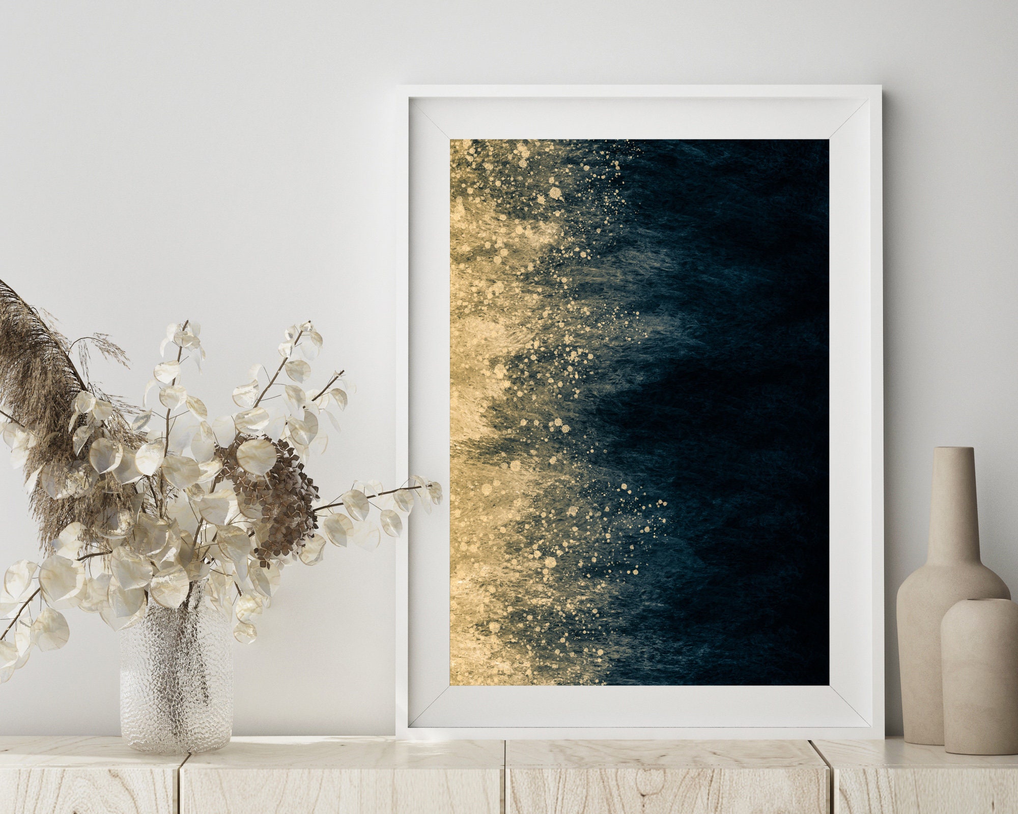 Dark Blue and Gold Abstract Art Print, Navy Abstract Painting Print ...