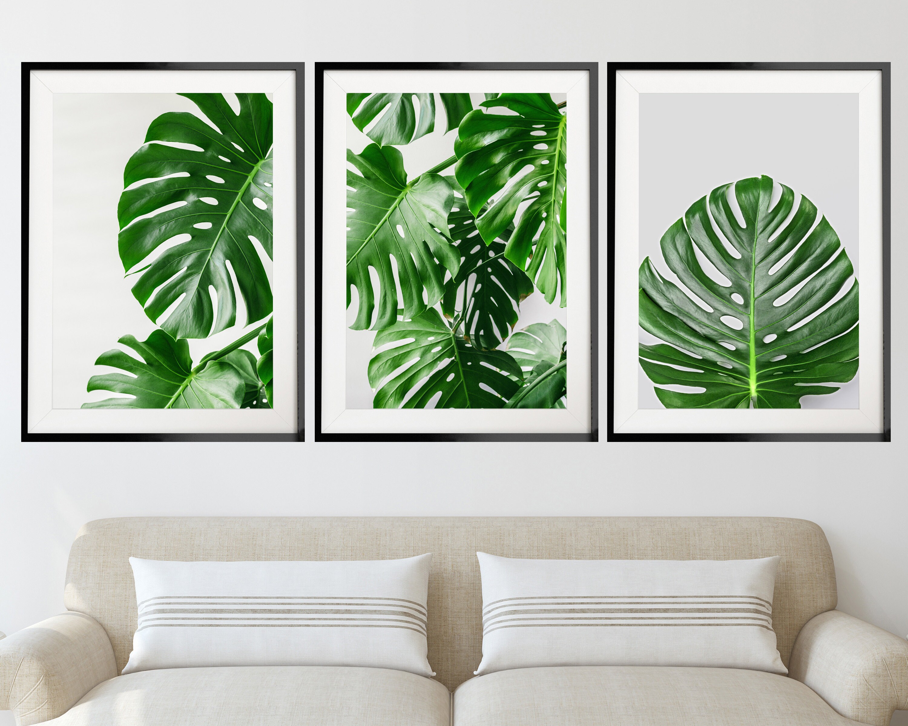Monstera Leaf Print Set of 3, Large Leaf Prints, Palm Leaf Wall Art ...