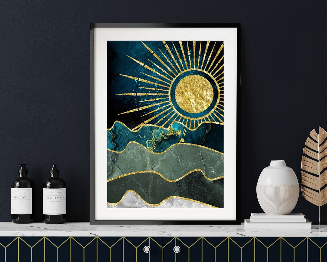 Gold Sun and Blue Waves Print, 3D Effect Wall Art, Dark Blue and Gold ...